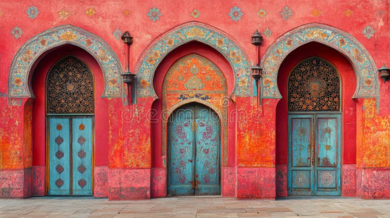 Ornate Red Building with Three Turquoise Doors Stock Illustration ...