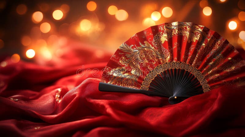 Ornate Red Fan Rests on Luxurious Red Silk Fabric Stock Illustration ...