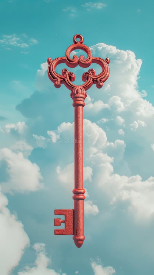 Ornate Red Key Floating in the Sky with Clouds, Surreal Concept Stock ...