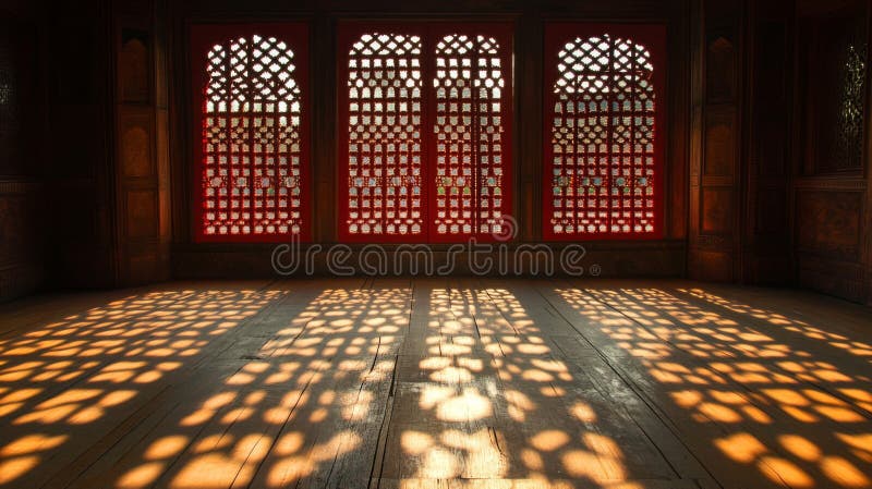 Ornate Red Windows Cast Intricate Light Patterns on Wooden Floor Stock ...