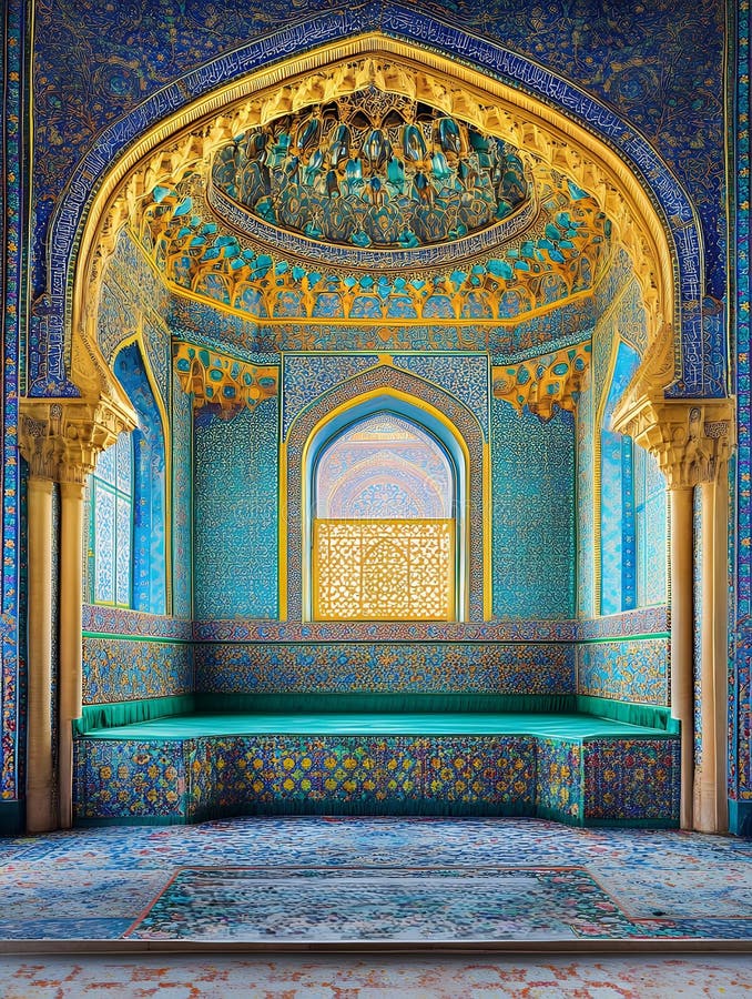 Ornate Room with Blue and Gold Tilework Arched Windows and a Cushioned ...