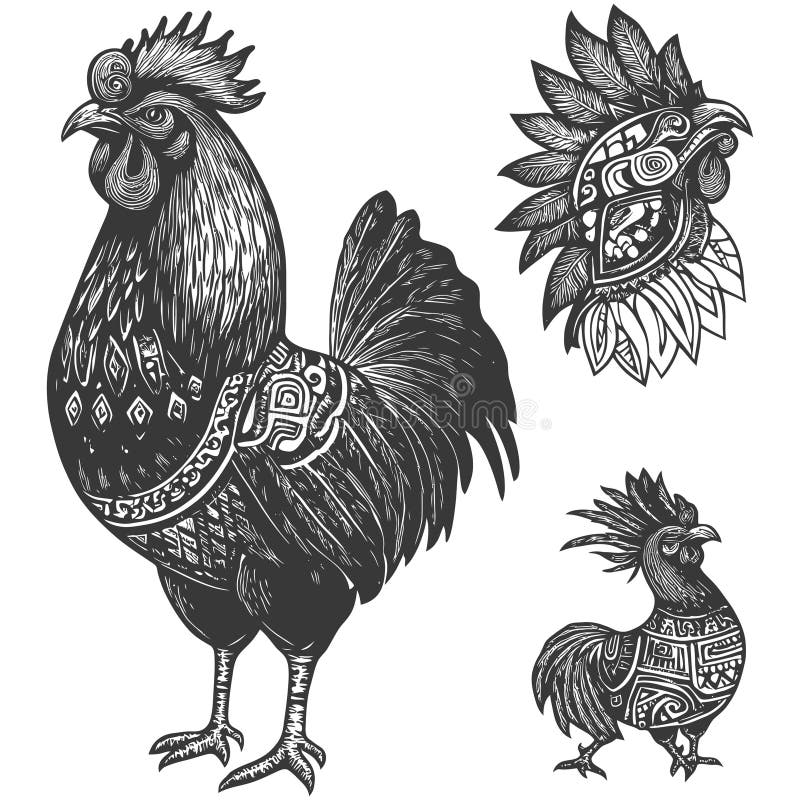 Ornate Rooster Illustration, Tribal Style. Three Stylized Roosters ...