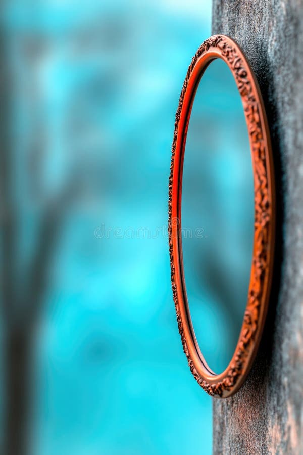 Ornate Round Mirror Attached To Tree Trunk with Blurred Blue Background ...