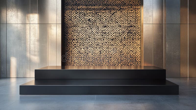 Ornate Screen Behind a Black Platform Evokes Modern Elegance Stock ...