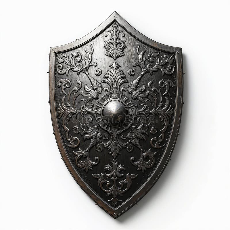 Ornate Shield with Floral and Vine Patterns on White Background Stock ...