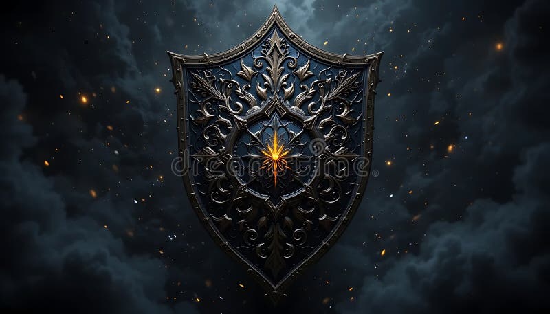 Ornate Shield with Glowing Center Against Dark Cloudy Sky Backdrop ...