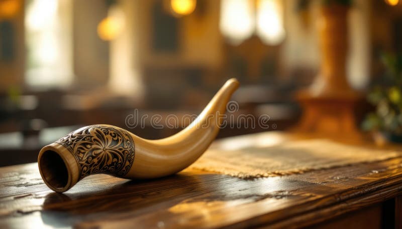 Ornate Shofar on Rustic Table in Warm, Ambient Light Setting Stock ...