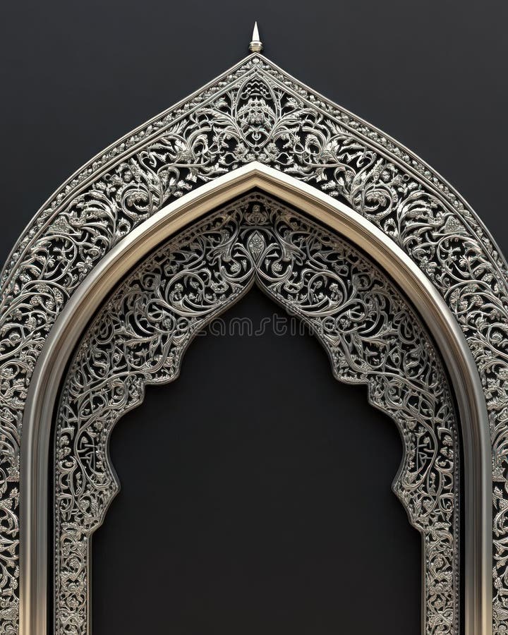 Ornate Silver Archway with Intricate Floral Pattern on a Dark ...
