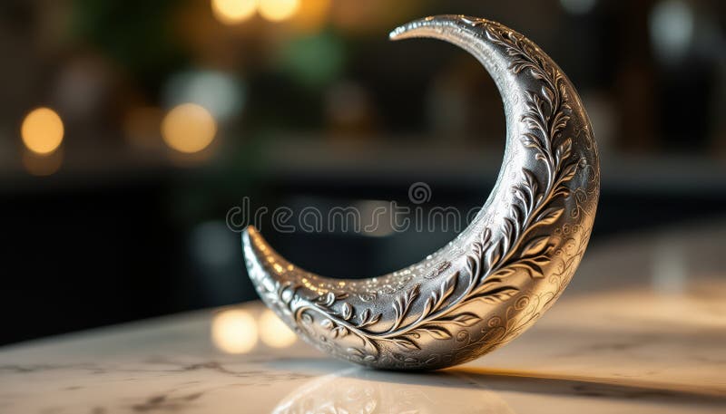 Ornate Silver Crescent Moon Decor on Marble Surface with Soft Bokeh ...