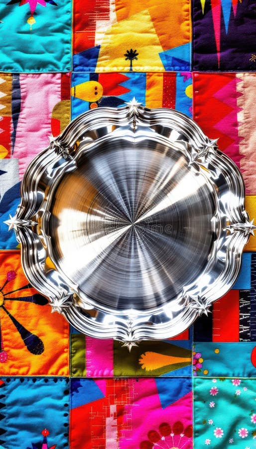 Ornate Silver Plate on Vibrant Patchwork Quilt with Geometric Patterns ...