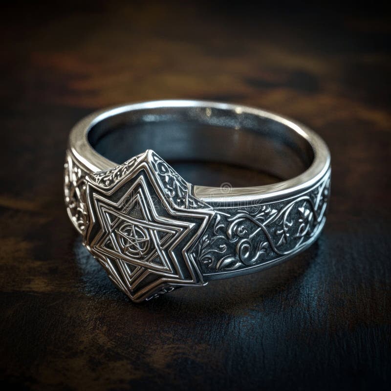 Ornate Silver Ring with Star Pattern on Rustic Surface Stock Photo ...