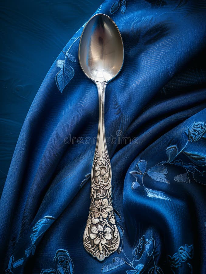 Ornate Silver Spoon Detailed Blue Fabric Stock Photos - Free & Royalty ...