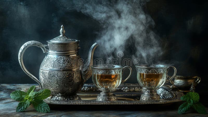 Ornate Silver Tea Set with Steaming Cups of Tea Stock Illustration ...