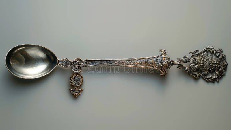 Ornate Silver Teaspoon with Intricate Handle Design on Display Stock ...
