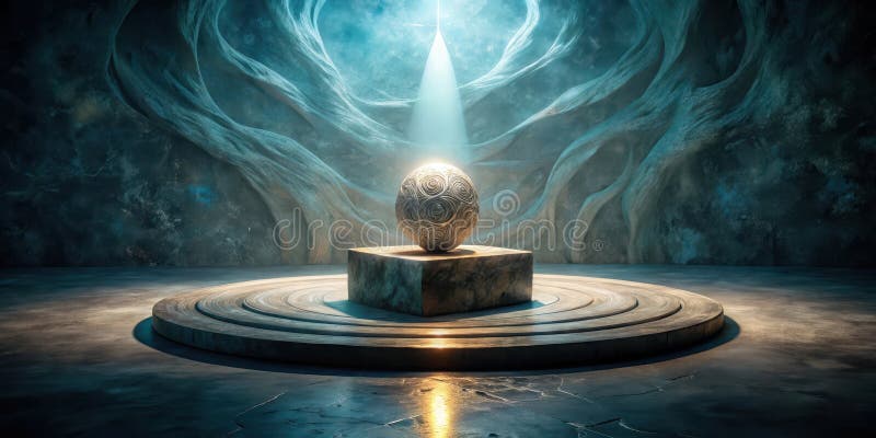 An Ornate Sphere Rests on a Circular Pedestal within a Mystical Cave ...