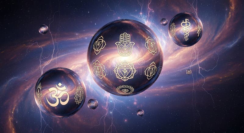 Ornate Spheres with Religious Symbols Float in a Cosmic Nebula ...