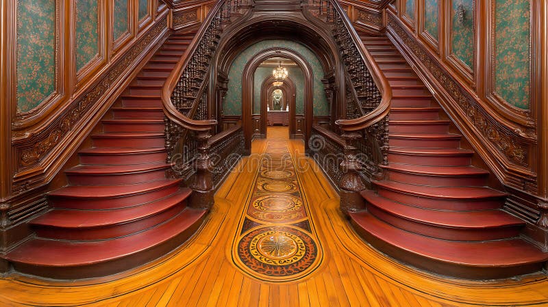 Ornate Staircase with Red Steps and Decorative Wood Flooring in an ...
