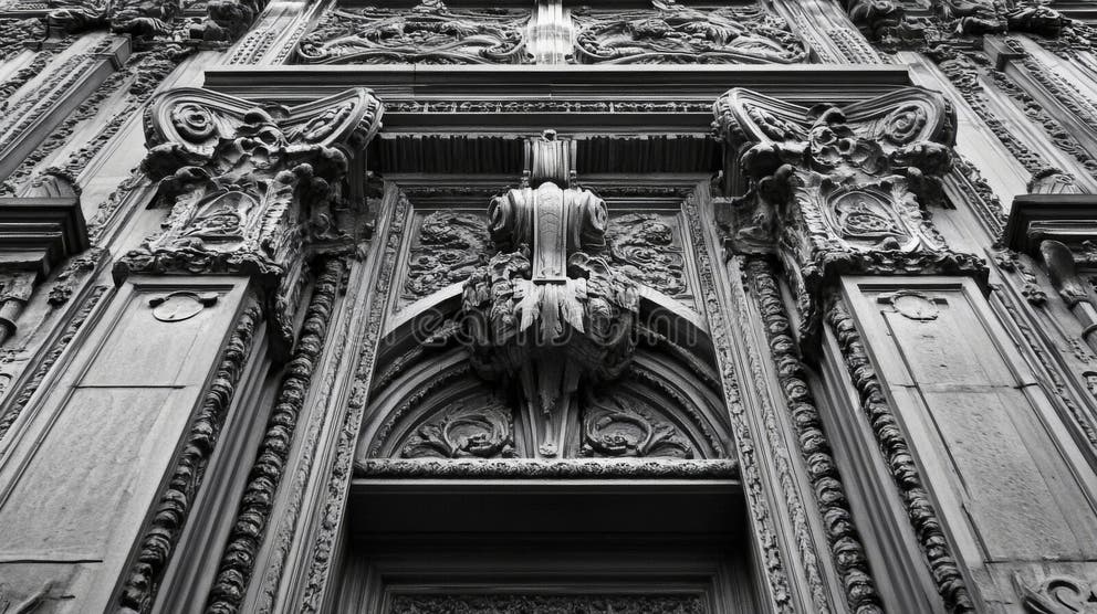 Ornate Stone Building Facade in Black and White Stock Illustration ...