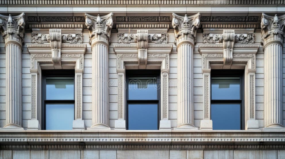 Ornate Stone Building Facade with Three Windows Stock Illustration ...