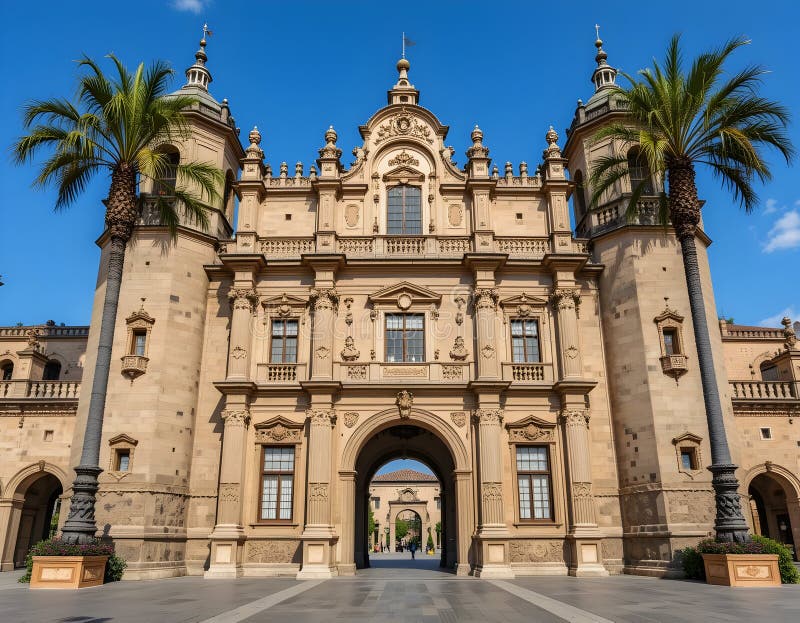 Ornate Stone Building with Palm Trees Under a Clear Blue Sky Stock ...