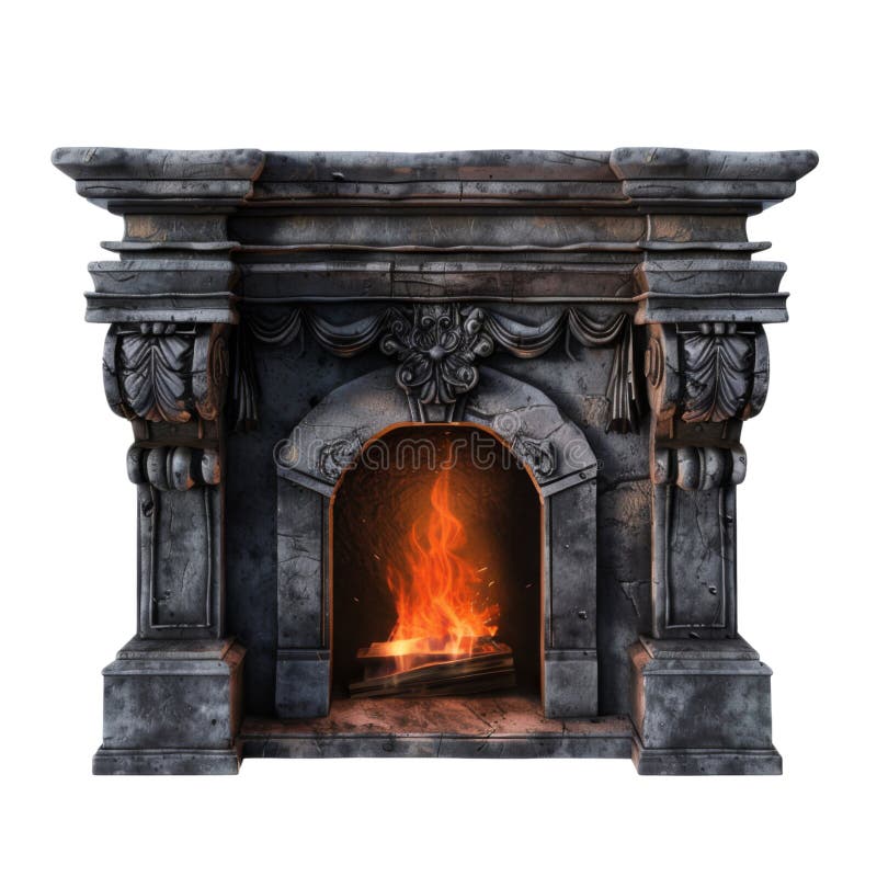 Ornate Stone Fireplace with Burning Fire Stock Photo - Illustration of ...