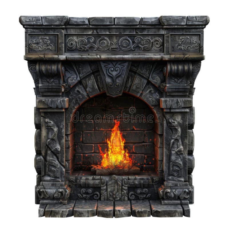 Ornate Stone Fireplace with Burning Fire Stock Photo - Illustration of ...