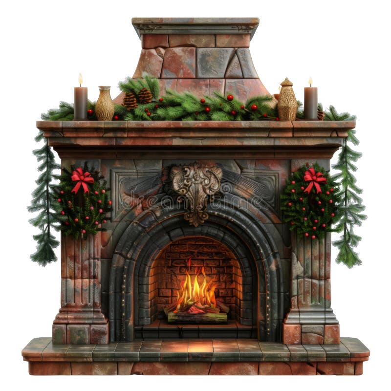 Ornate Stone Fireplace with Christmas Decorations and a Burning Fire ...