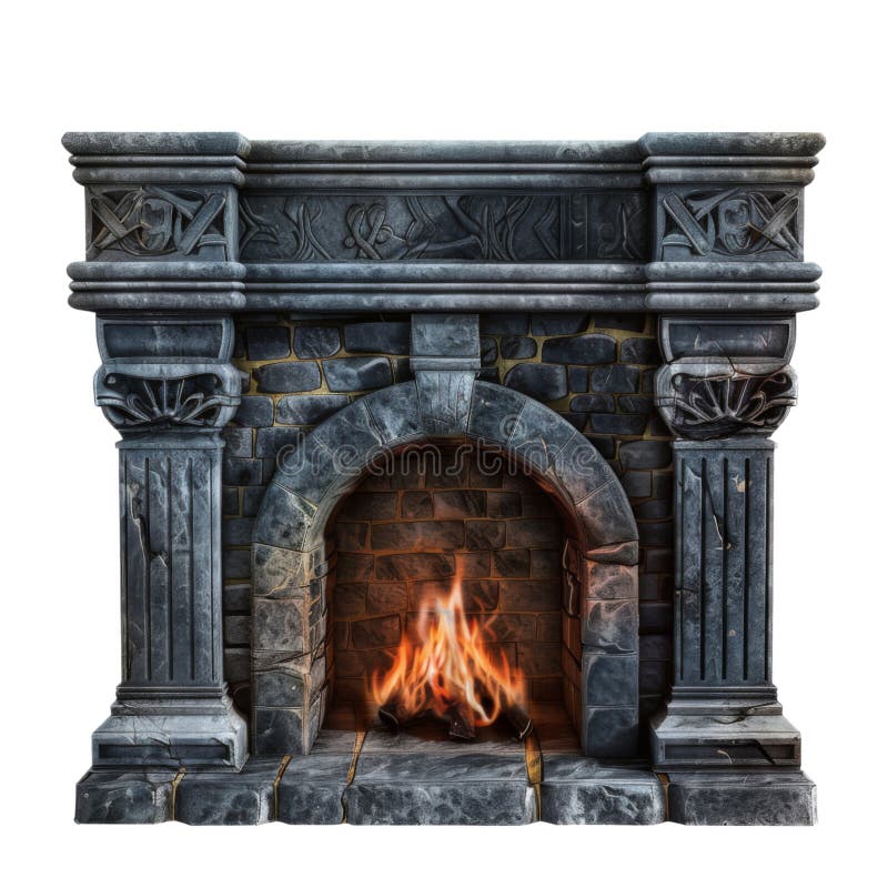 Ornate Stone Fireplace with Flaming Fire Stock Illustration ...