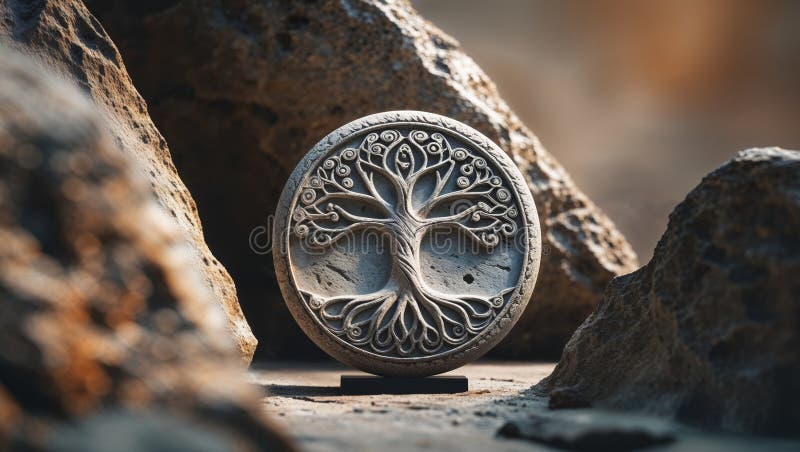 Ornate Stone Medallion Featuring a Carved Tree of Life and Boulder ...
