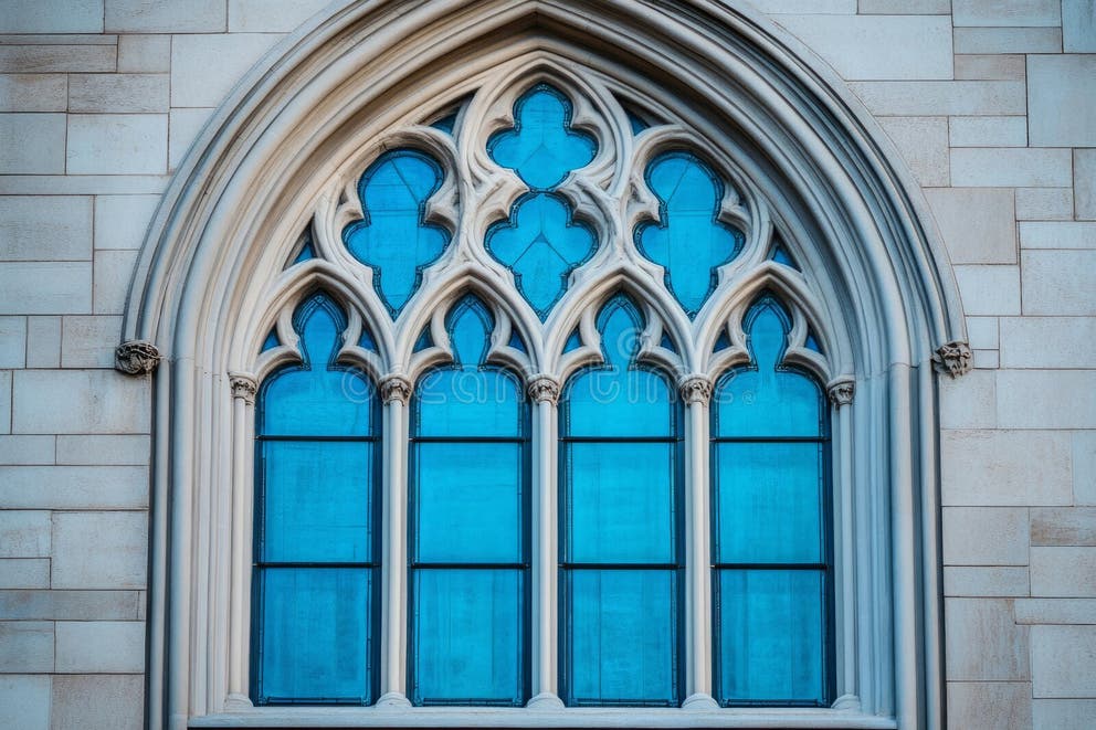 Ornate Stonework Surrounds a Vibrant Blue, Multi-paned Gothic Window on ...