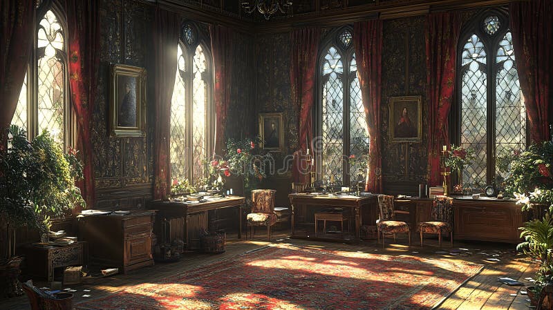 Ornate Study Room with Rich D?cor and Sunlight Stock Illustration ...