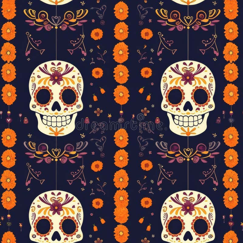 Ornate Sugar Skulls and Marigold Flowers on Midnight Blue Stock Image ...