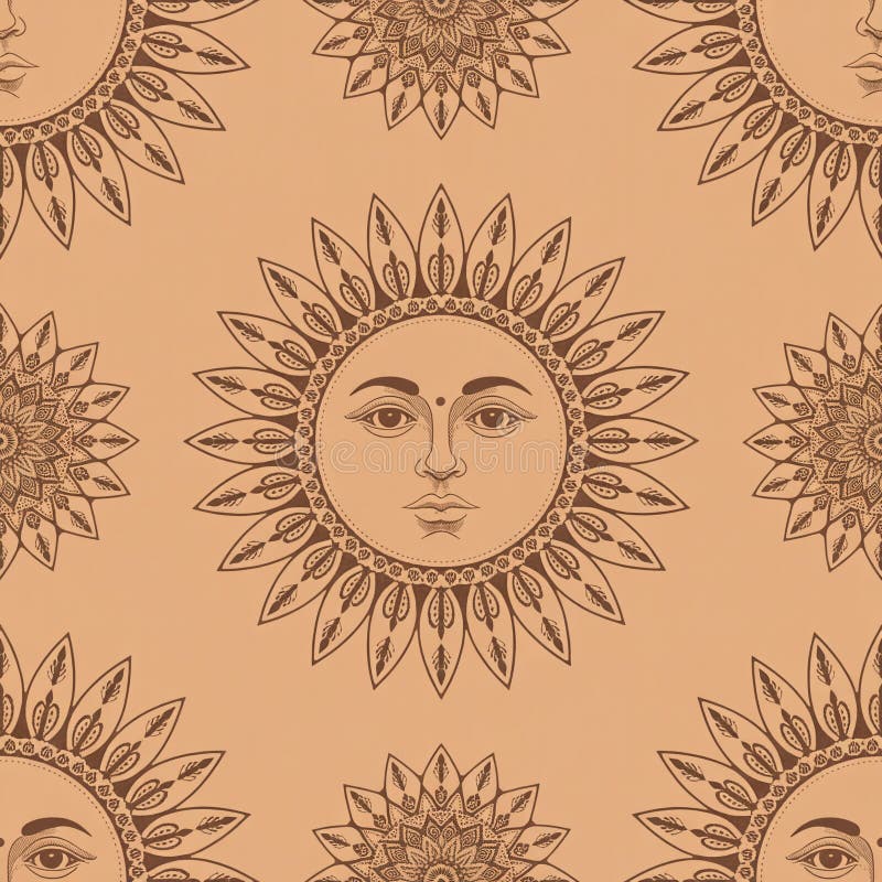 Ornate Sun Face Pattern Seamless Design with Ornamental Sun Rays Summer ...