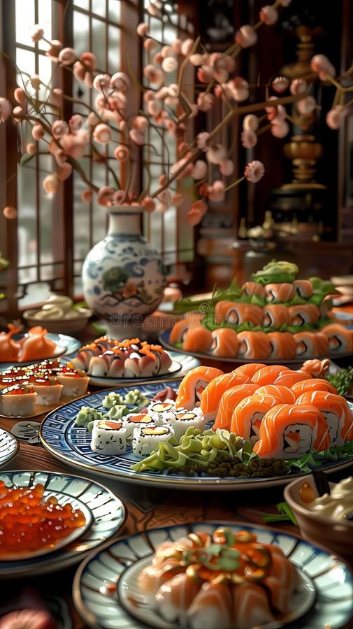An Ornate Table Featuring an Elegant Spread of Sashimi, Sush Stock ...