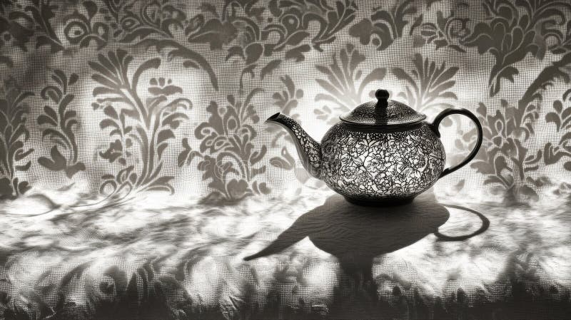 Ornate Teapot with Intricate Shadow and Floral Background Stock ...