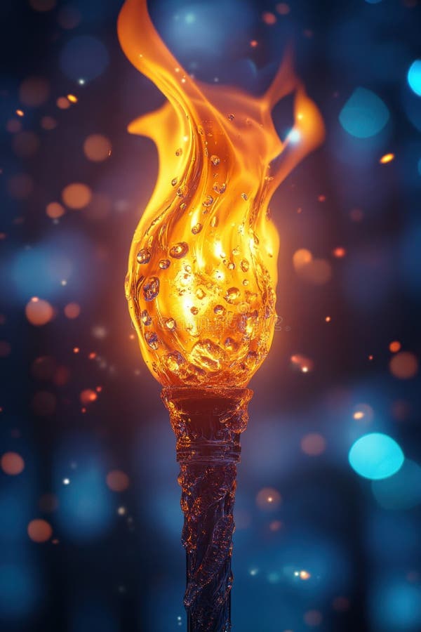 Bright Flame Bursts from Ornate Torch Held Aloft in a Dark Setting ...
