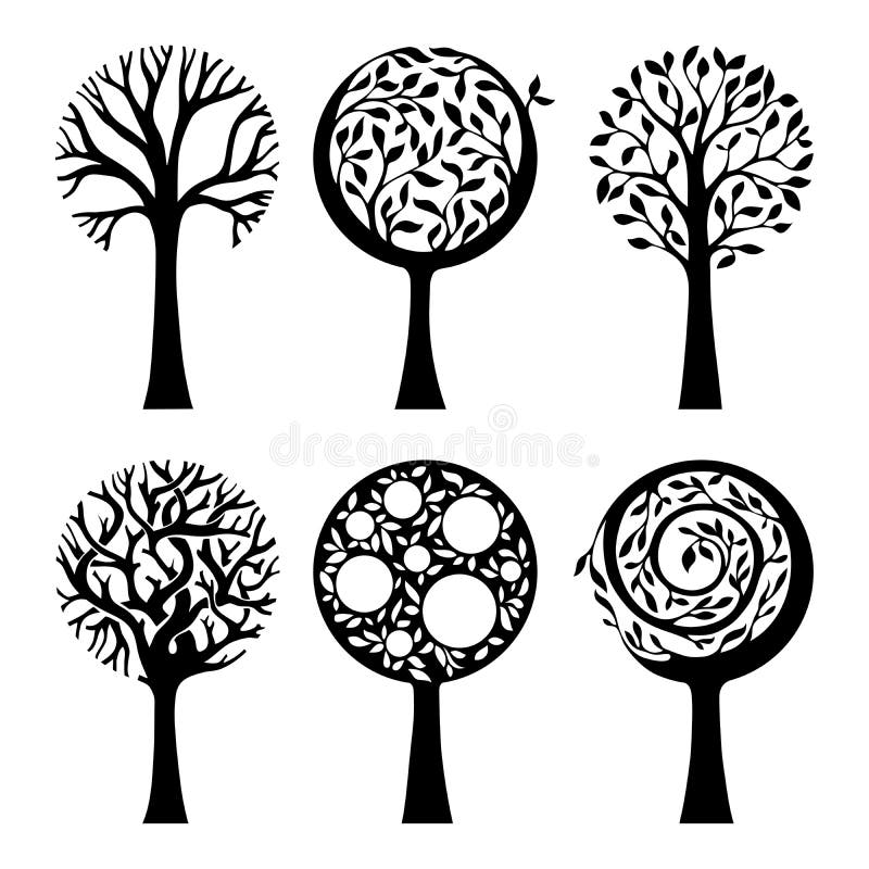 Set of Four Vector Silhouettes of a Tree Stock Vector - Illustration of ...