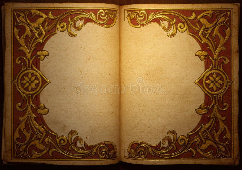 Ornate Vintage Book Pages with Intricate Gold and Red Decorative Borders Stock Image - Image of ...