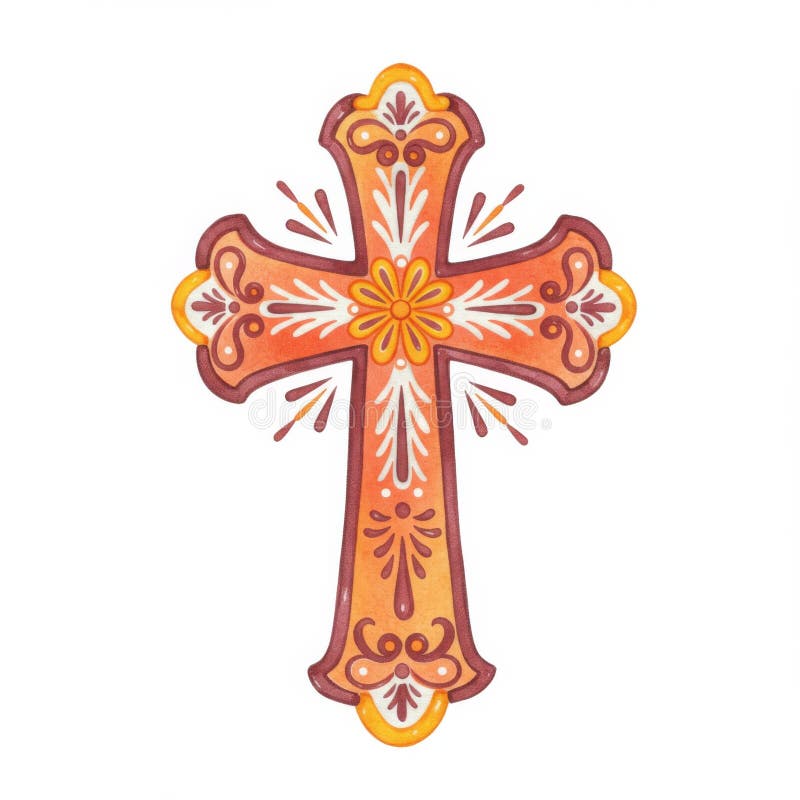Ornate Watercolor Cross with Floral Design Stock Illustration ...