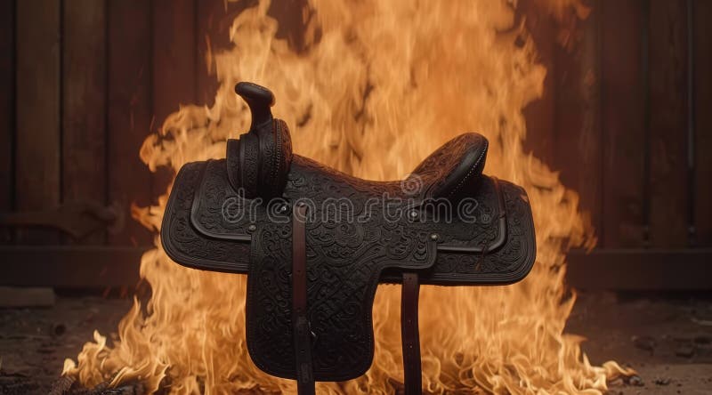 Ornate Western Saddle in Front of a Roaring Fire Stock Illustration ...