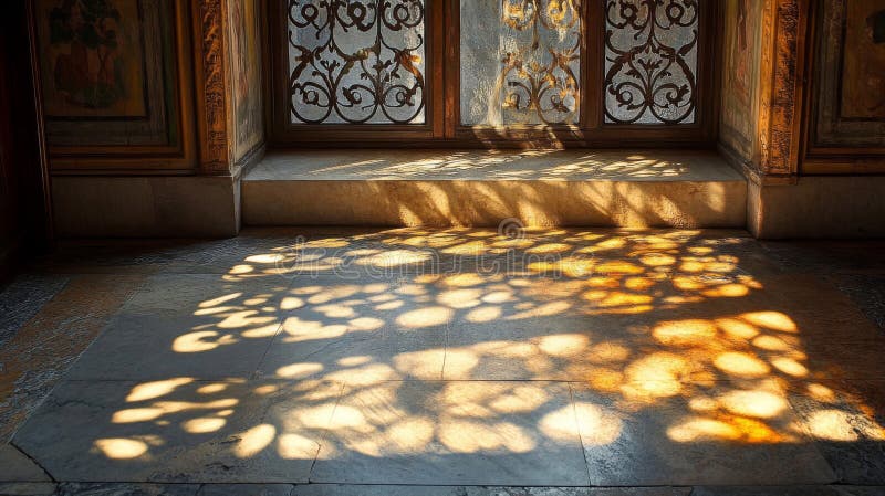 Ornate Window Casting Light and Shadows on a Marble Floor Stock ...
