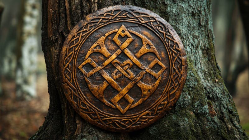 Ornate Wooden Shield Carving on Tree Trunk Stock Illustration ...