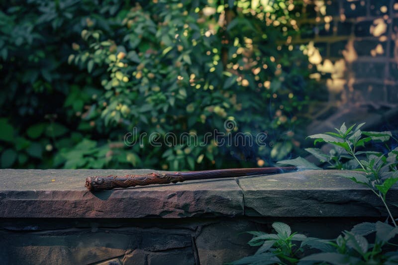 Ornate Wooden Staff Resting on Stone in Lush Garden Stock Illustration ...