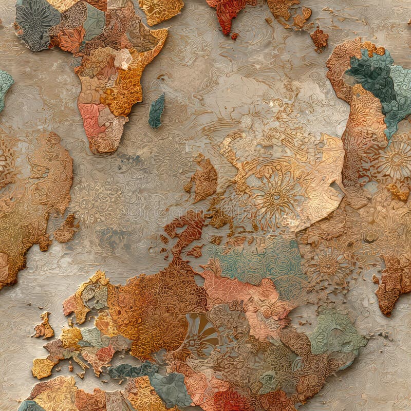 Ornate World Map Design with Intricate Patterns and Vintage Colors ...
