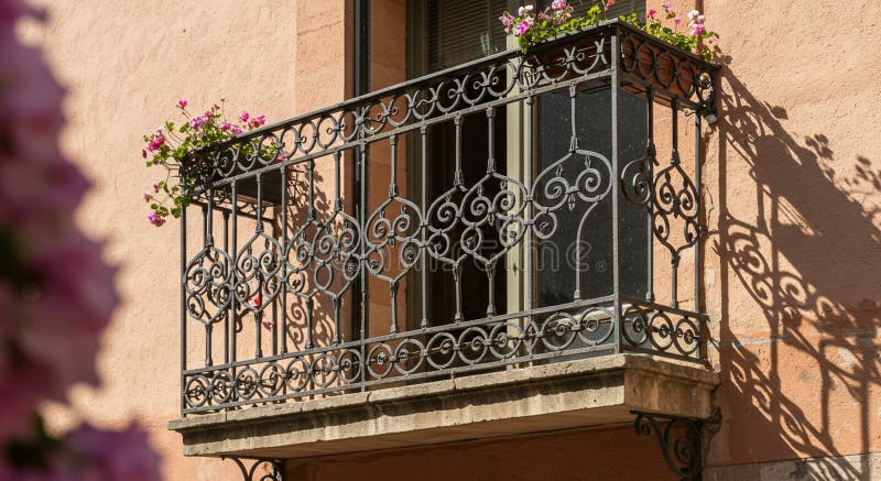 An Ornate Wrought Iron Balcony on a Peach-colored Building Facade. the ...