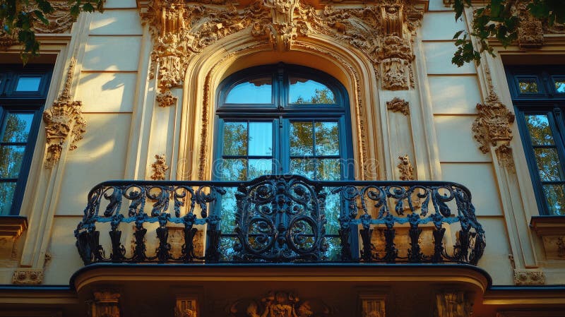 Ornate Wrought Iron Balcony Reflecting Trees in Windows Stock ...