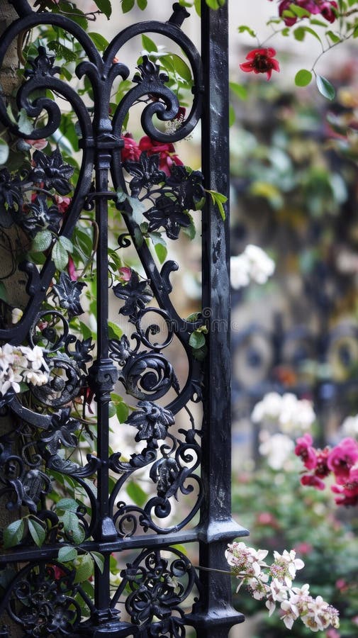 Ornate Wrought Iron Gate with Blooming Flowers Stock Image - Image of ...