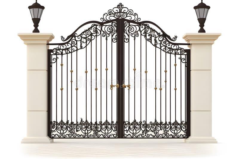 Ornate Wrought Iron Gate with Decorative Scrollwork Isolated on White ...