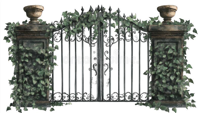 Ornate Wrought Iron Gate with Ivy on a Sunny Day Stock Illustration ...