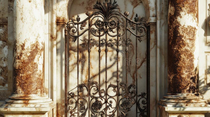 Ornate Wrought Iron Gate with Marble Columns and Rustic Texture Stock ...